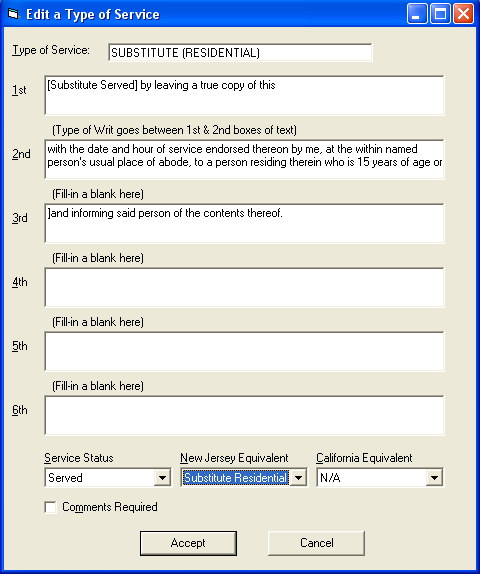 Process Server's Toolbox - Type of Service Setup Screen Shot